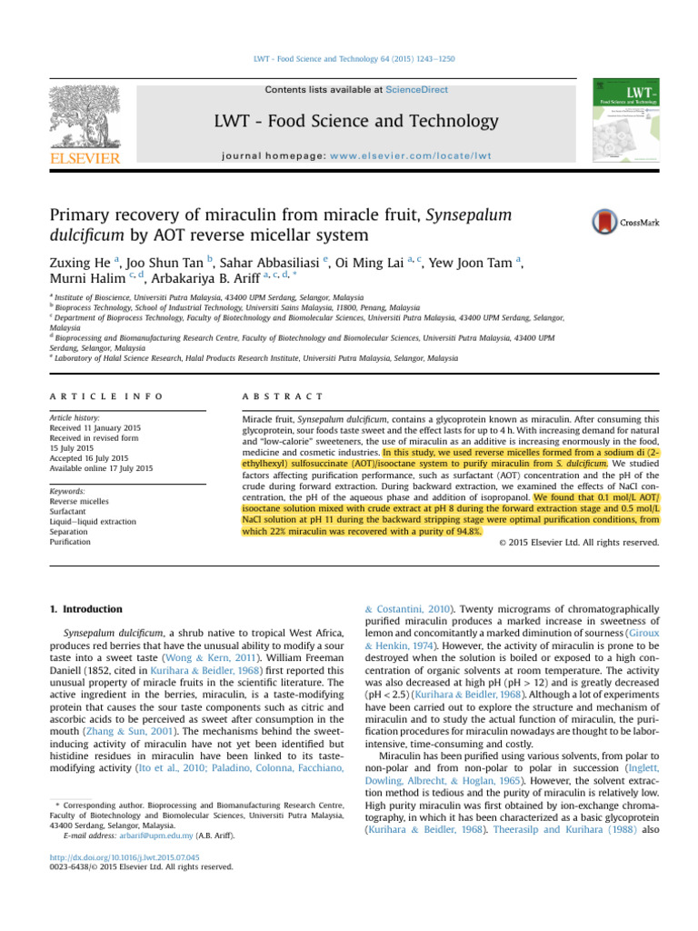 2015 - Primary Recovery of Miraculin by AOT Reverse Micellar System ...