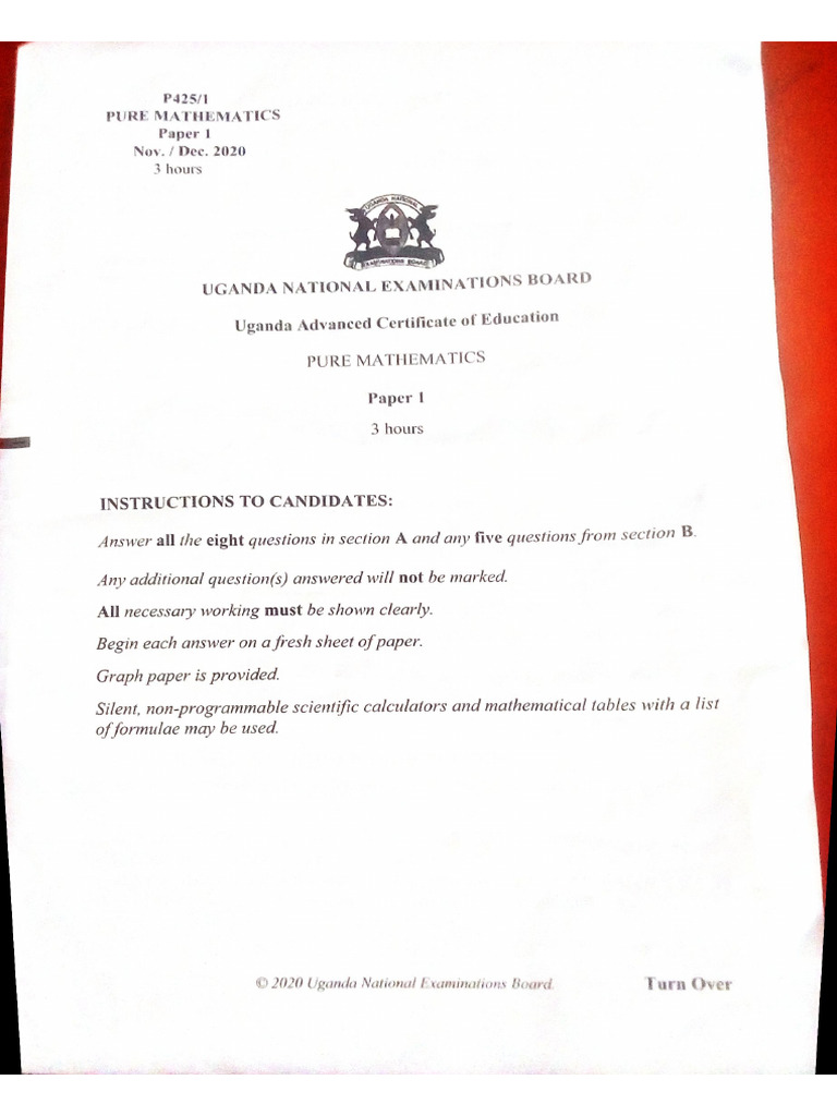 Uace Mathematics Paper 1 Uneb 2020 | PDF