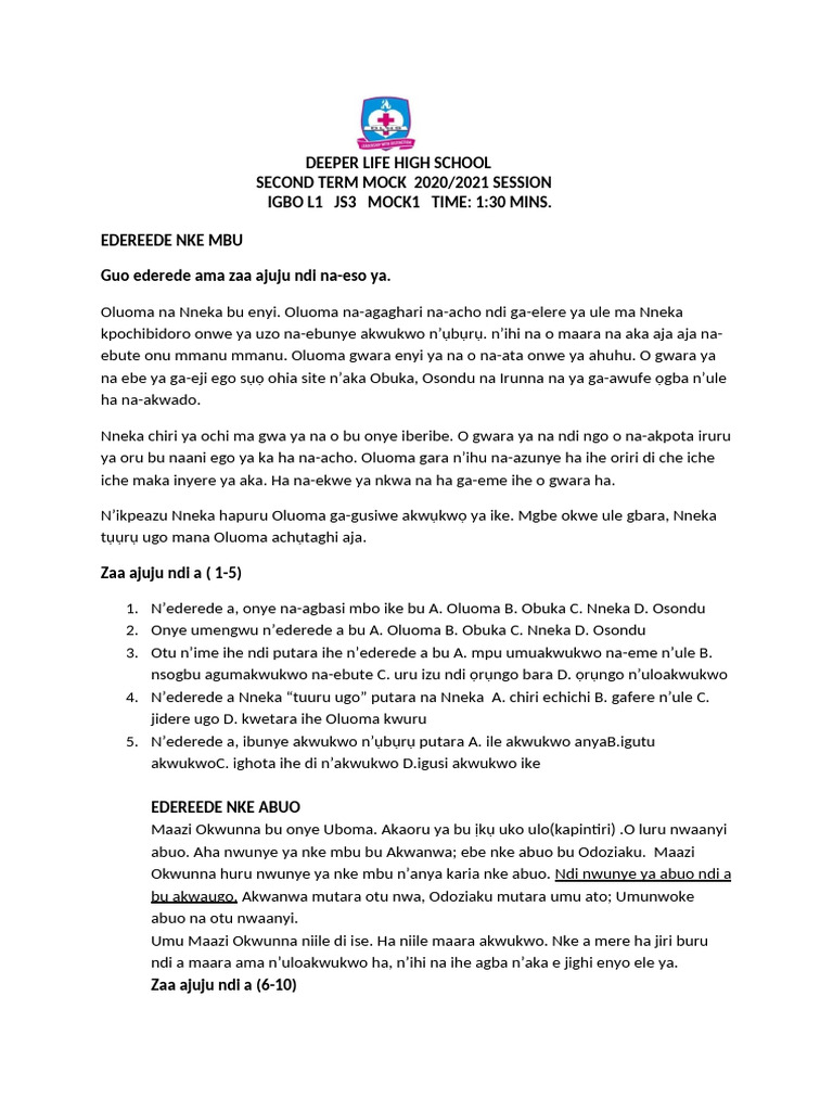 Js 3 Igbo l1 Mock1 2nd Term 2020-2021 | PDF | Igbo People | Nigeria