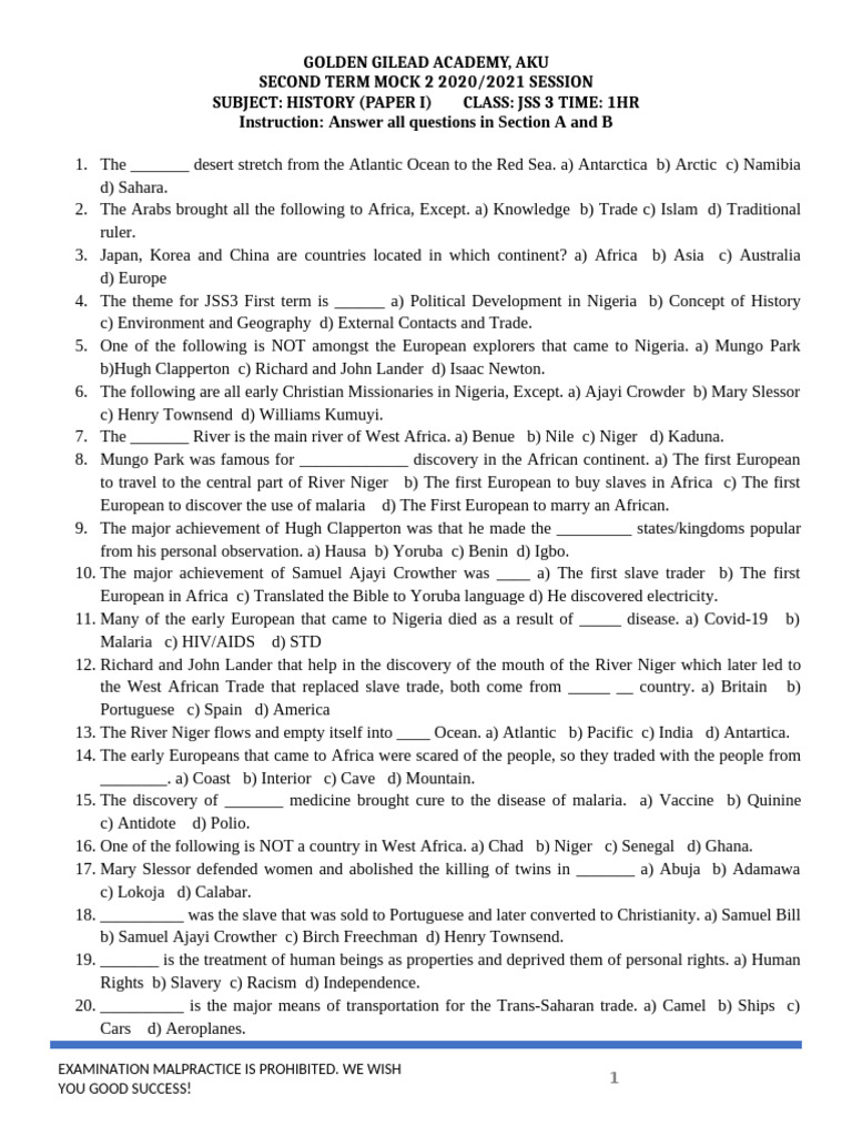 JSS3 History Mock Exam 2020/2021 | PDF | Nigeria | Atlantic Slave Trade