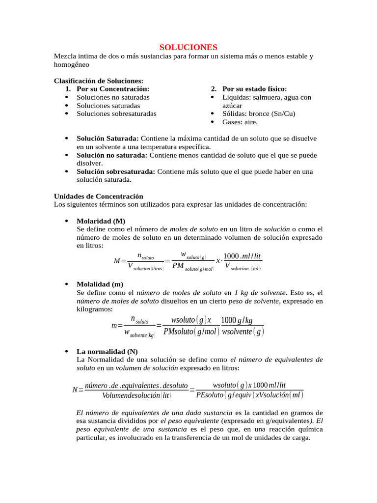 Clasificación y Unidades de Soluciones Químicas | PDF | Concentración ...