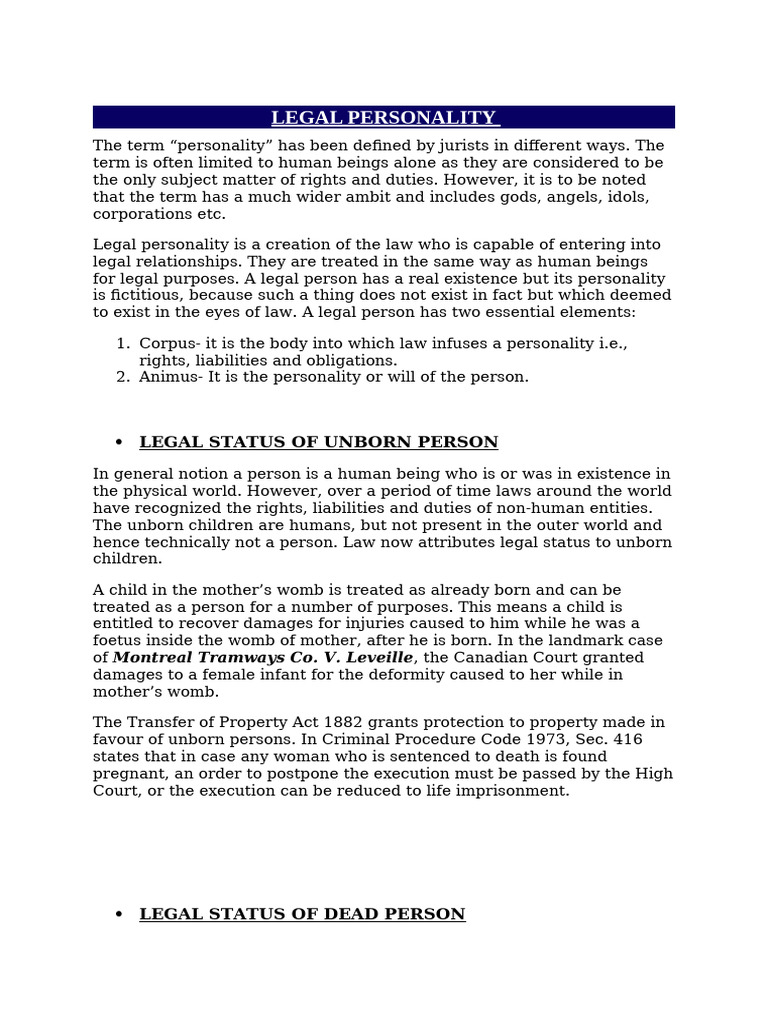 LEGAL PERSONALITY | PDF | Corporations | Legal Liability