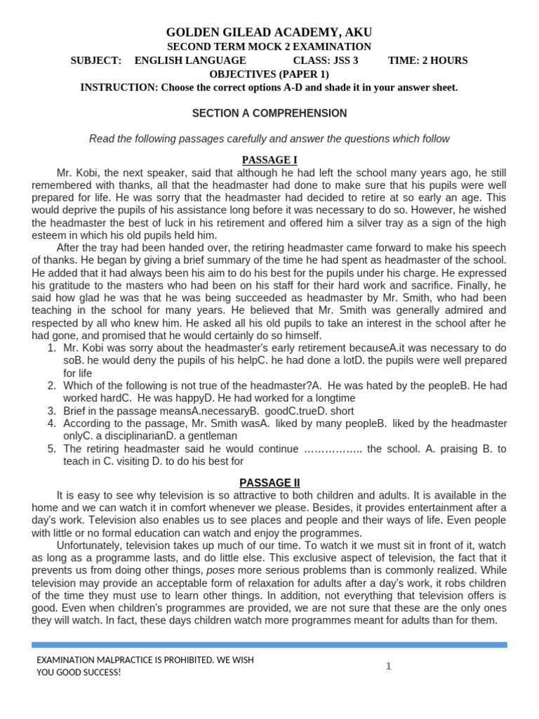 JSS3 English Studies Mock 2 2ND Term 2021 | PDF