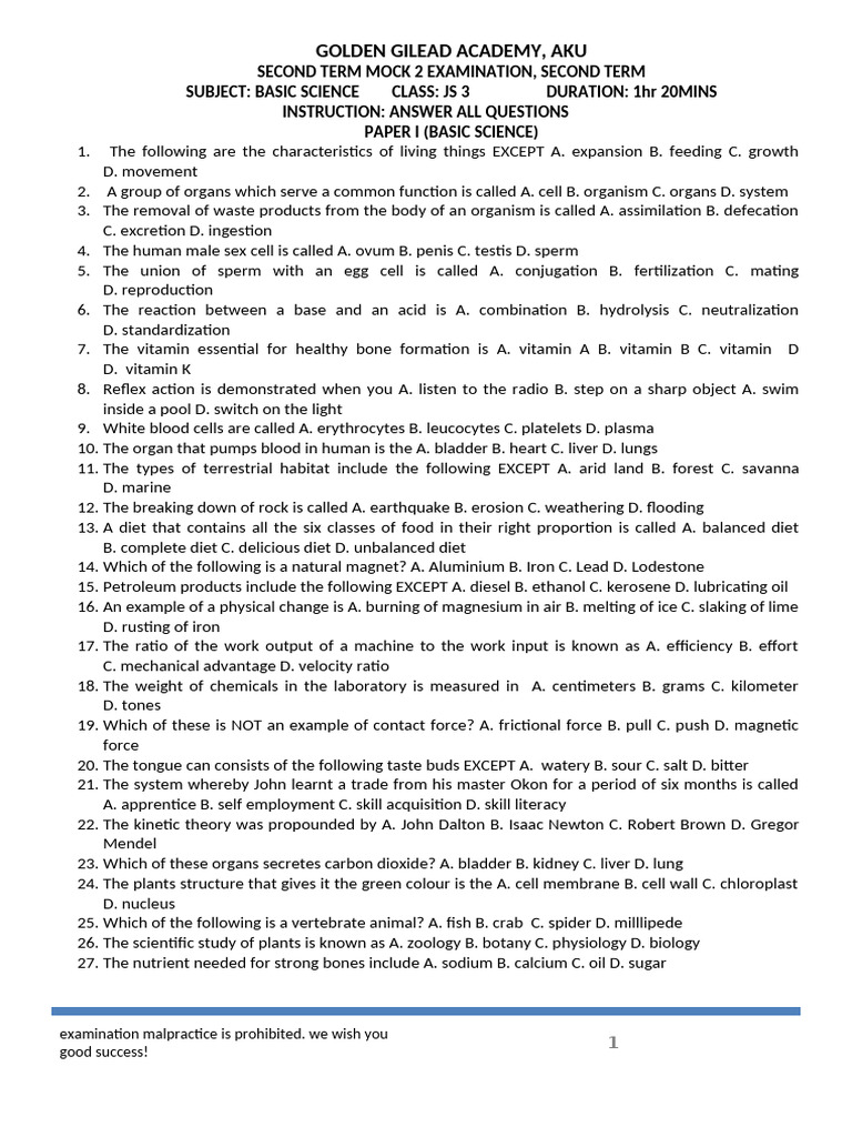 Js 3 Basic Science Mock 2 | PDF | Petroleum | Water