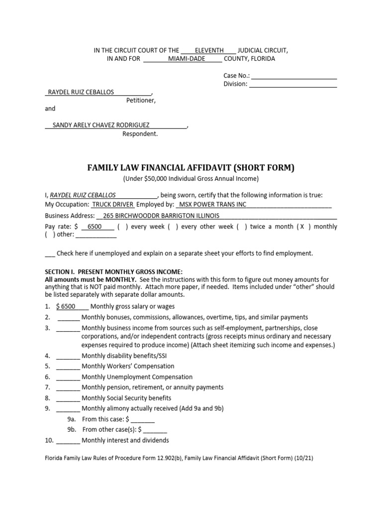 Family Law Financial Affidavit (Short Form) | PDF | Income | Credit