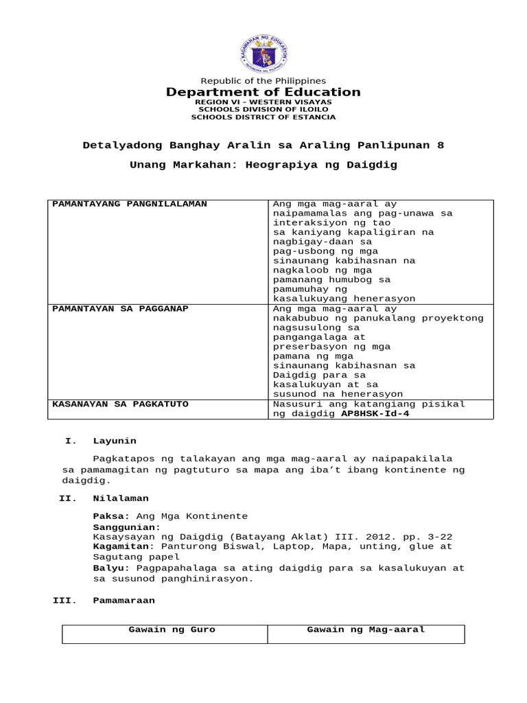 Banghay Aralin Sa Araling Panlipunan 8 | PDF