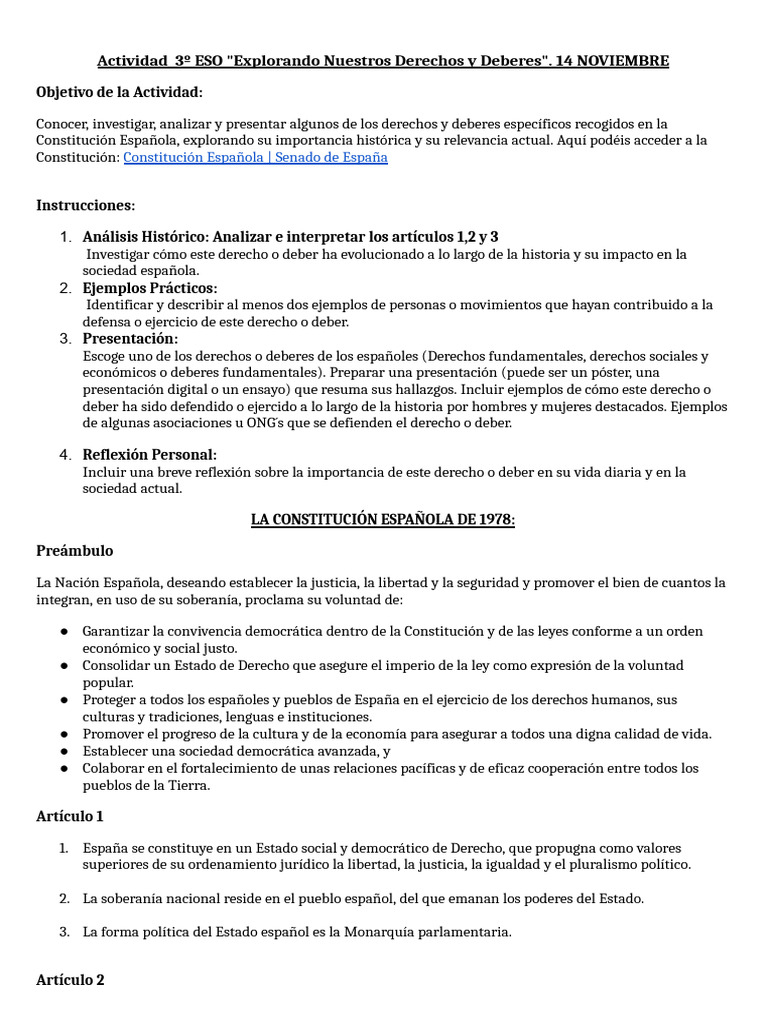 Actividad 3º ESO - Explorando Nuestros Derechos y Deberes - 1 | PDF | España | Democracia