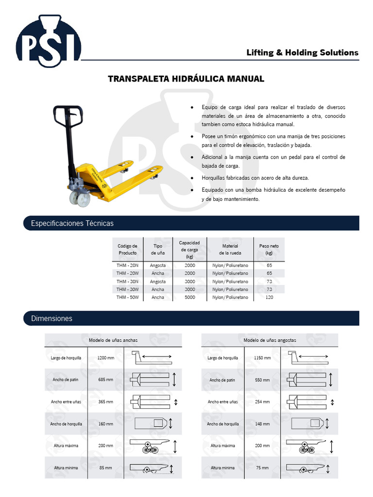 Transpaleta Hidráulica Manual - Ficha Tecnica | PDF
