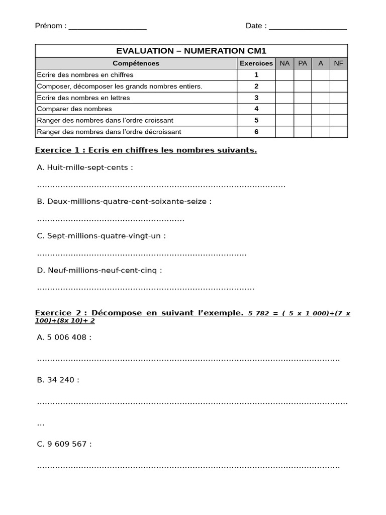 Evaluation Num P1 CM1 | PDF