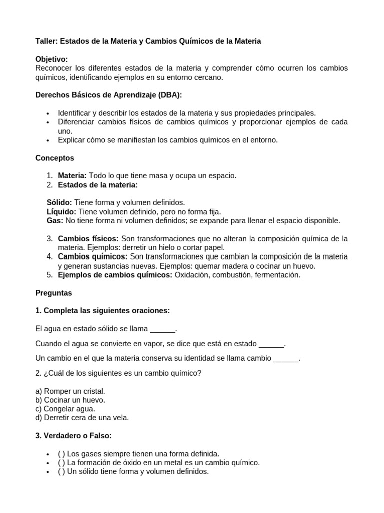 Taller de Ciencias Naturales Grado 5 Perido 4 | PDF | Compuestos ...