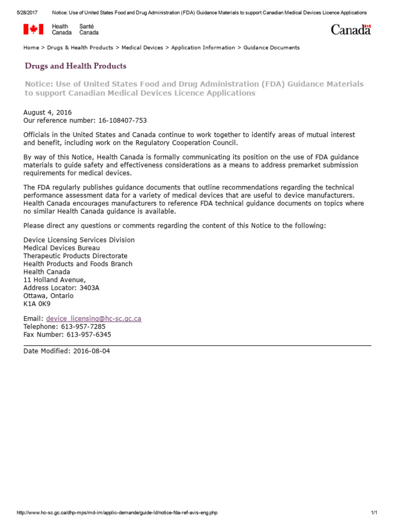 FDA Guidance for Canadian Medical Devices | PDF