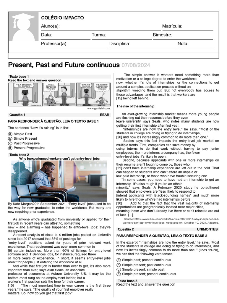 Present, Past and Future Continuous | PDF | Birds | Internship