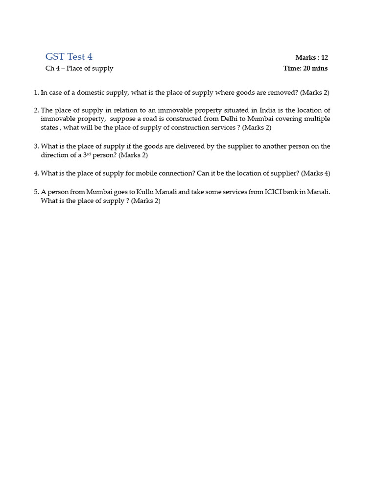 Test 4 Chapter 4 Place of Supply | PDF