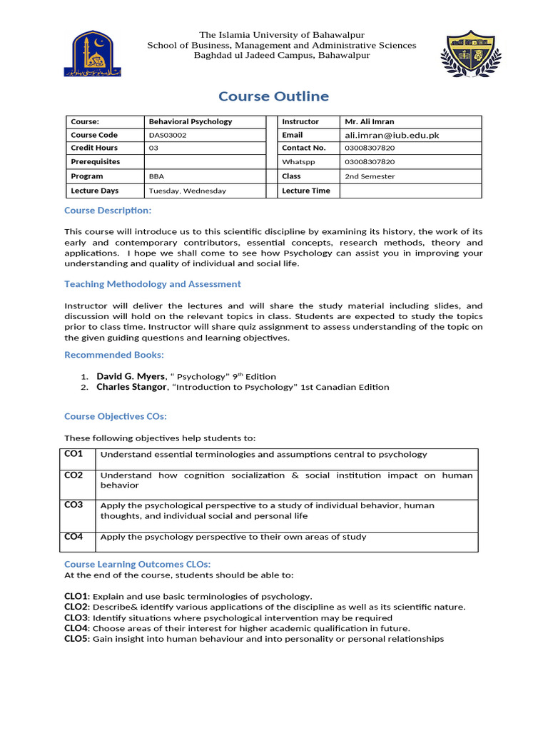 Course Outline Behavioral Psychology | PDF | Thought | Psychology