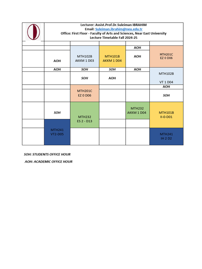 Lecture Timetable Fall 2024-25 | PDF