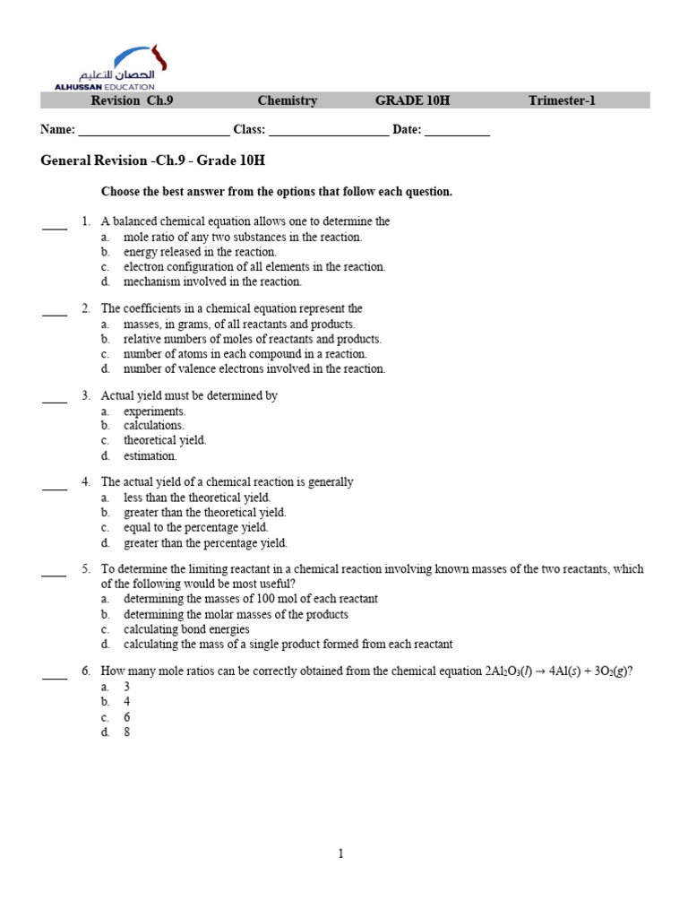 General Revision - Ch.9 - Grade 10A (Questions) | PDF | Stoichiometry ...