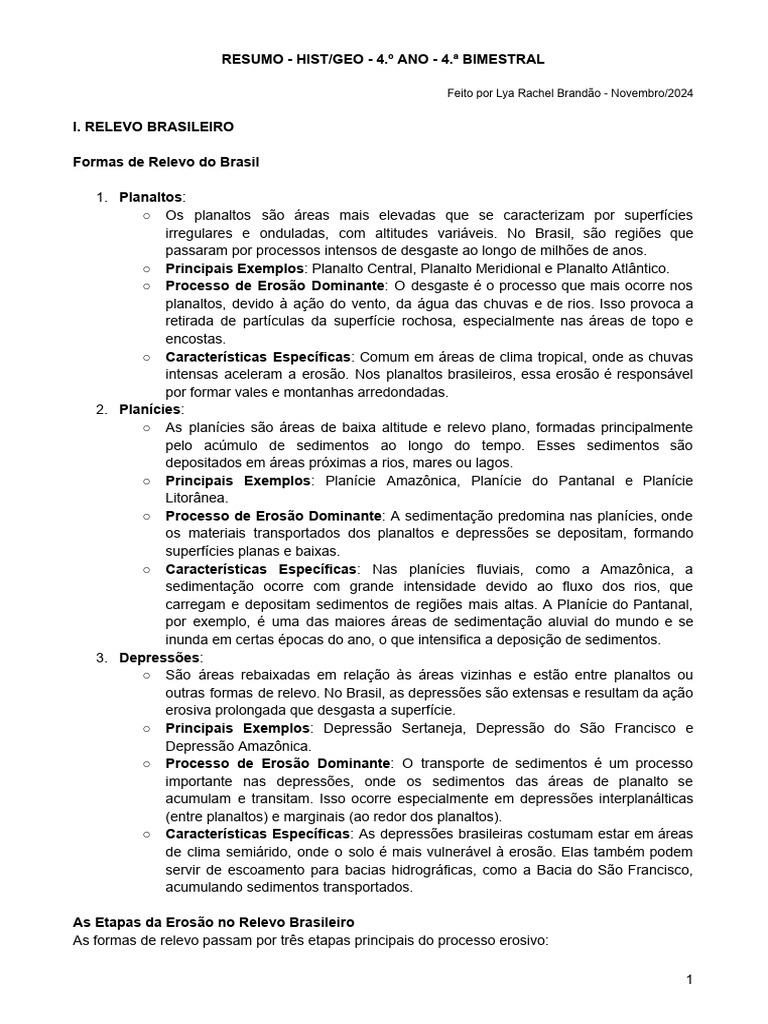 Resumo - Hist - Geo - 4.º Ano - 4. Bimestral | PDF | Erosão | Terreno