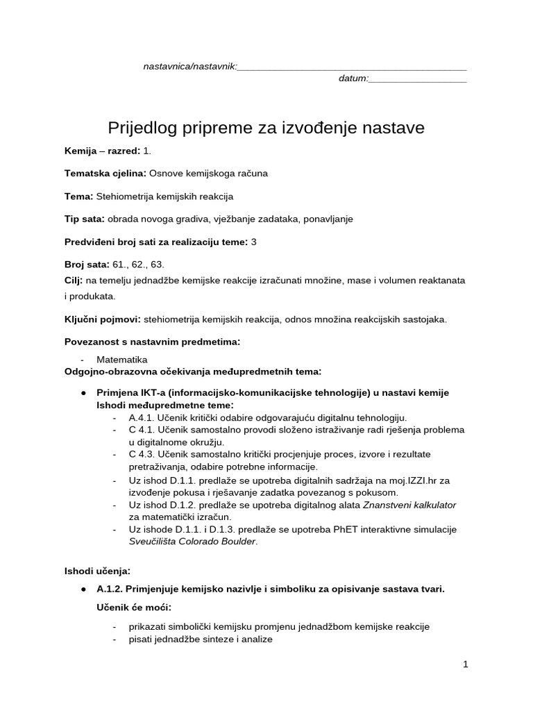 Priprema 3.5. Stehiometrija Kemijskih Reakcija | PDF