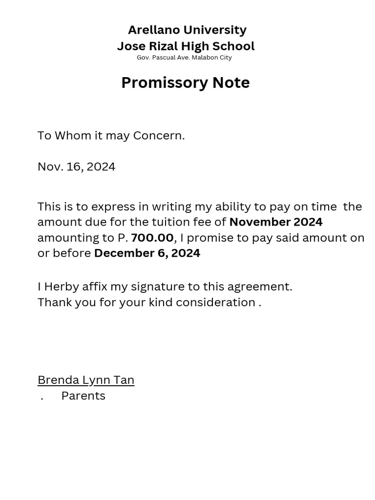 Arellano University Tuition Promissory Note | PDF