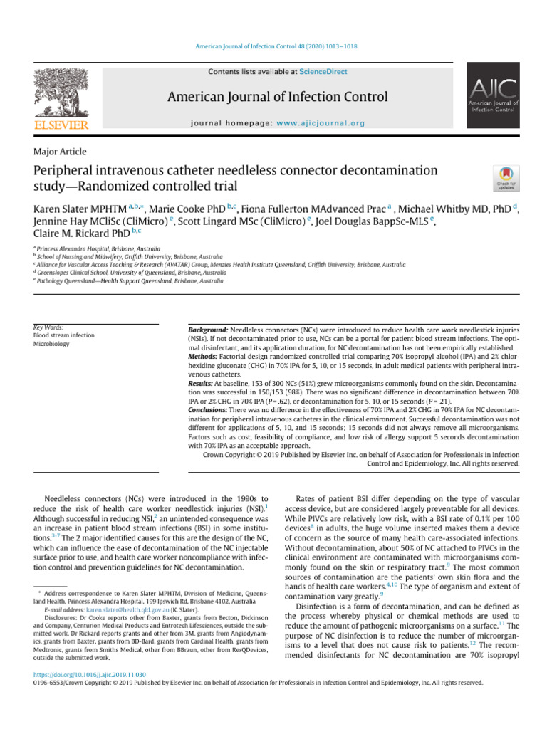 Peripheral Intravenous Catheter Needleless Connector Decontamination ...
