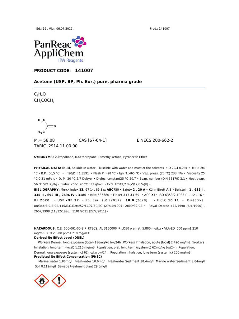 CoAs... Acetona. TDS (Panreac AppliChem) | PDF | Chemical Compounds | Chemistry