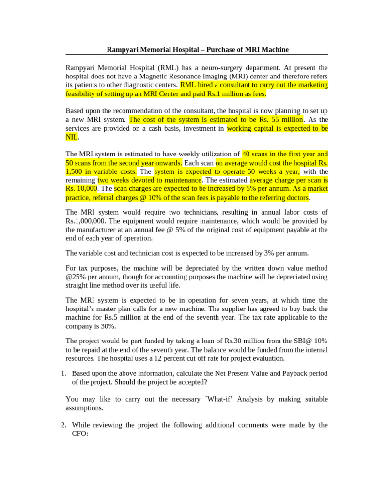 MRI Machine Purchase Analysis for RML | PDF | Net Present Value | Magnetic Resonance Imaging