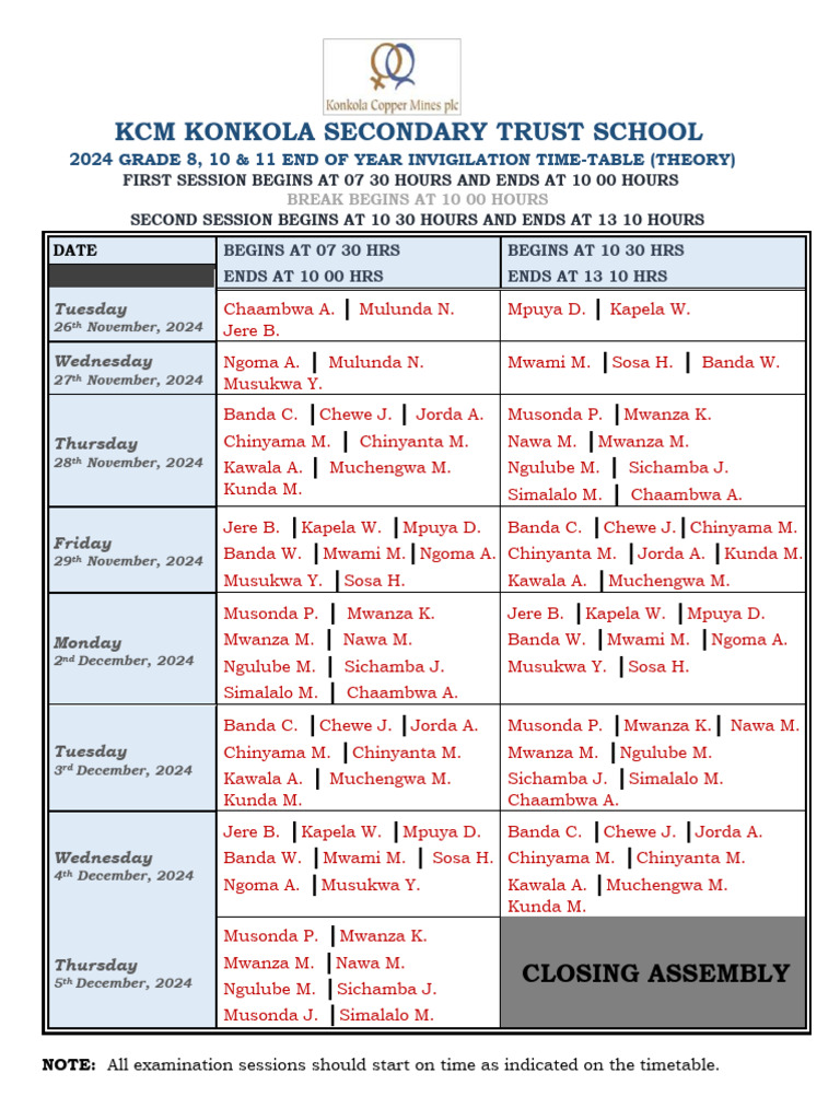 2024 Grade 8, 10 & 11 End of Year Invigilation Time-Table (Theory) | PDF