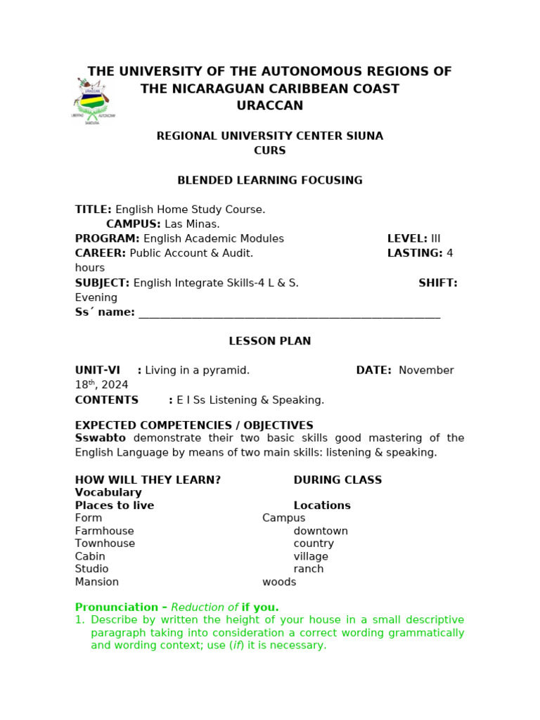 LESSON PLAN-16 Unit-V - Study Guide - Listening & Speaking | PDF ...