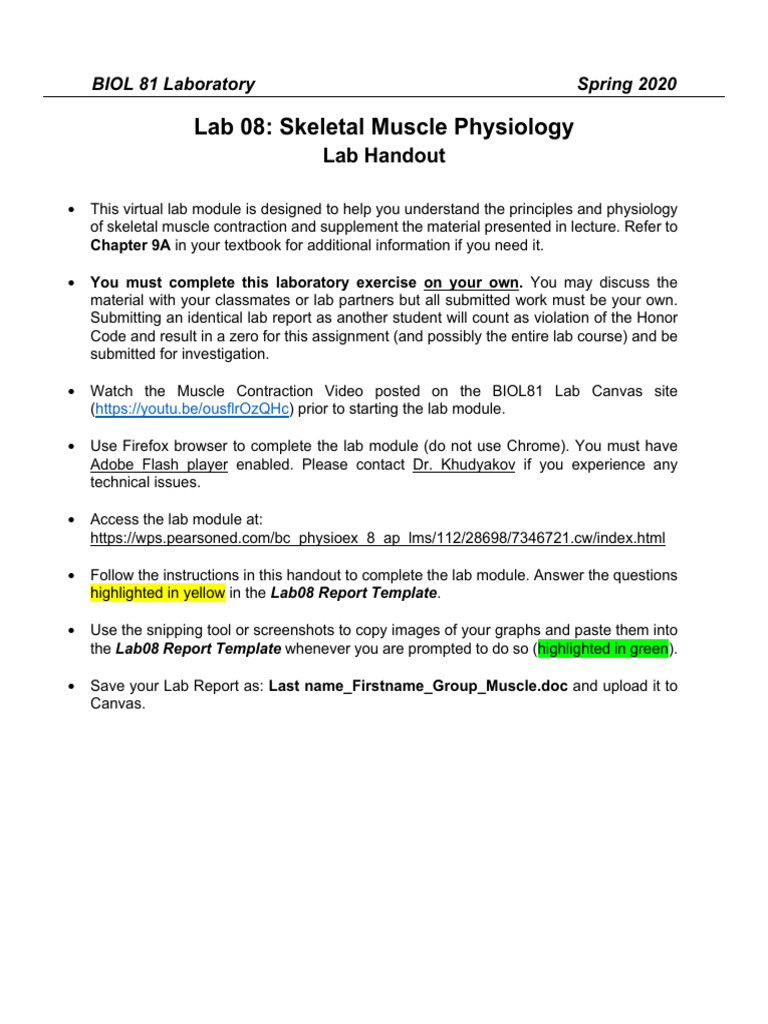 Lab08 Muscle Handout S20 PDF | PDF | Muscle Contraction