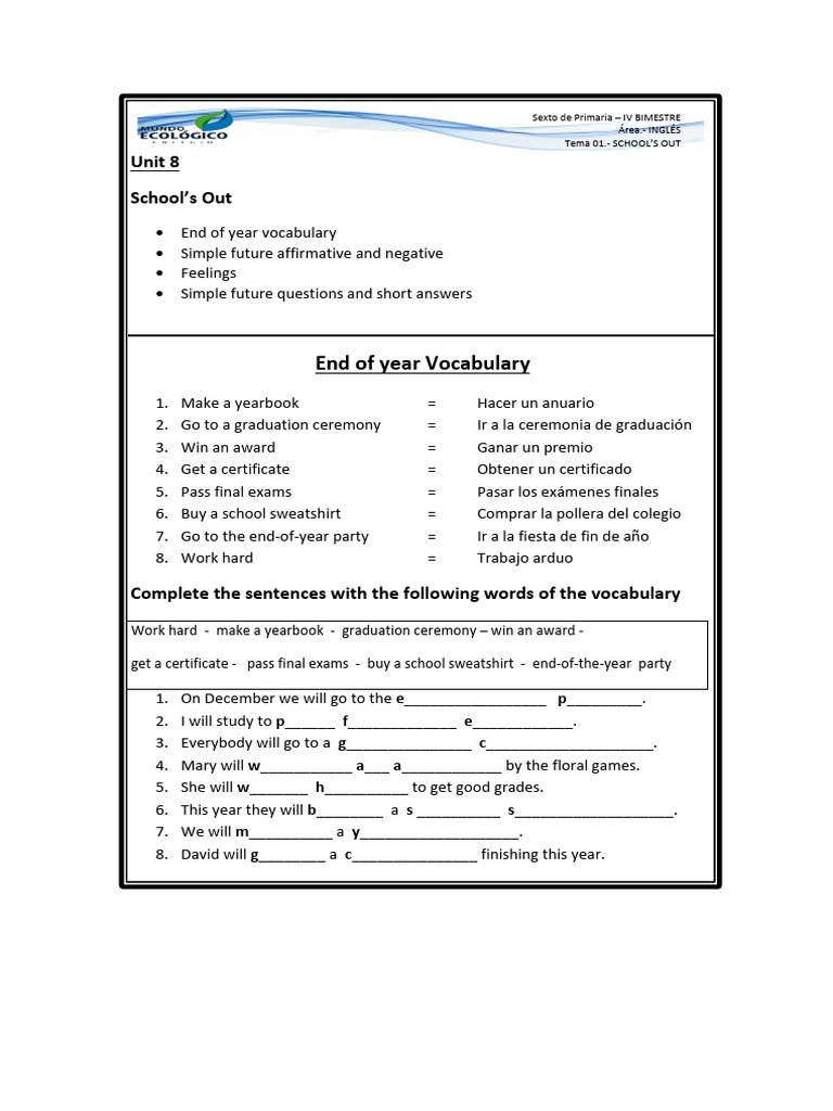 End-of-Year School Vocabulary Guide | PDF