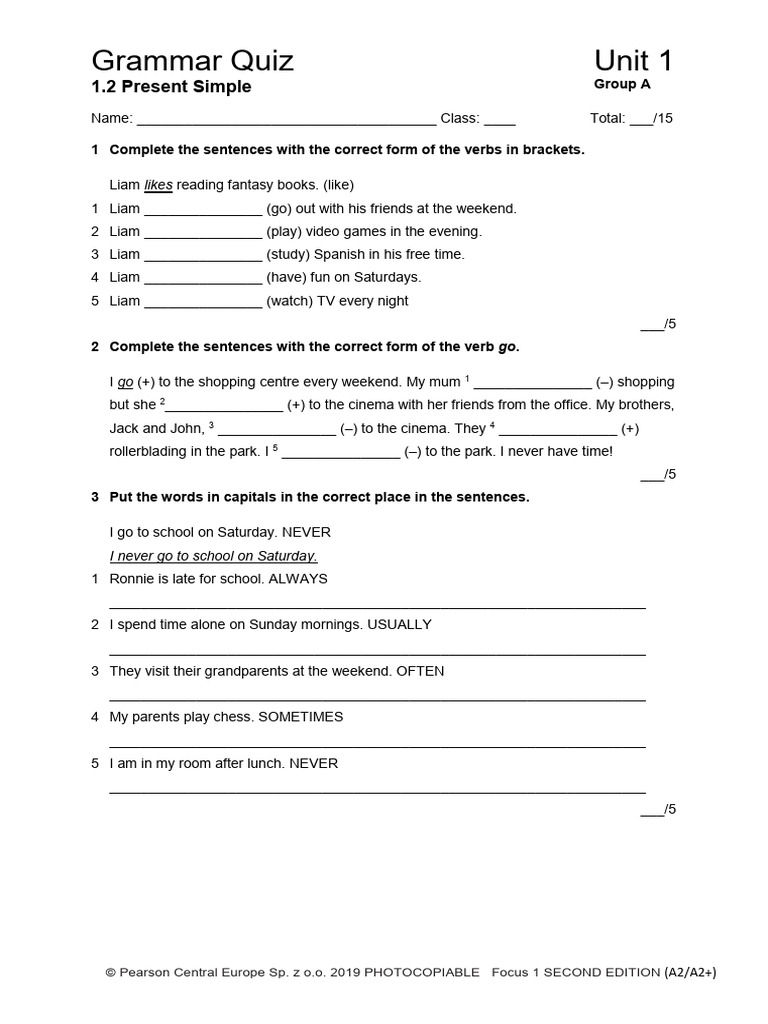 Focus1 2E Grammar Quiz Unit1.2 GroupA | PDF