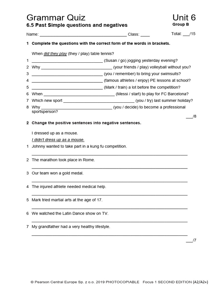 Focus1 2E Grammar Quiz Unit6.5 GroupB | PDF