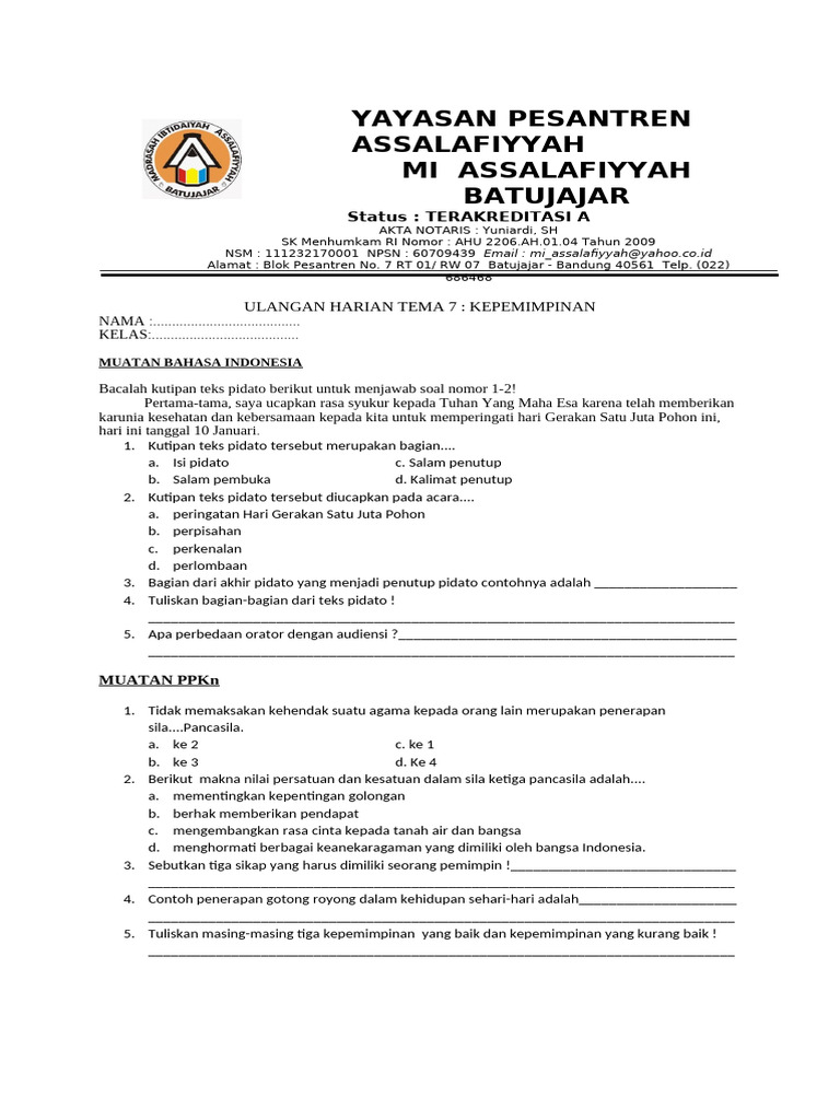 Soal Ulangan Harian Tema 7 Kls 6 Semester 2 | PDF