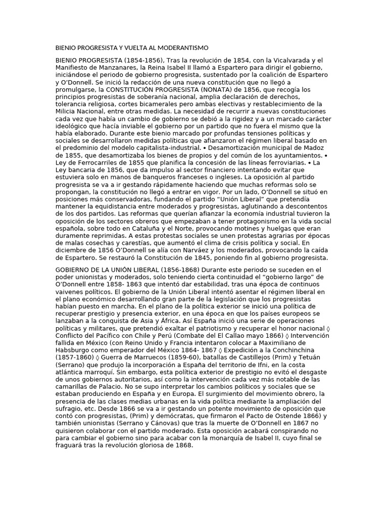 Bienio Progresista y Vuelta Al Moderantismo T11 | PDF | Política de ...