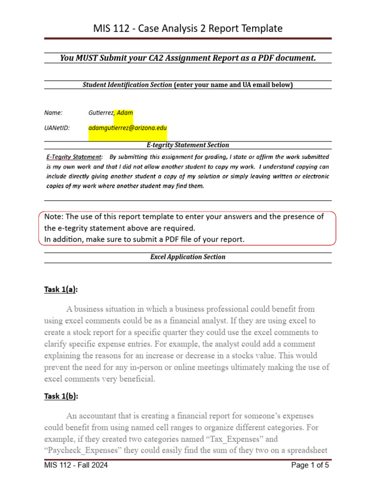 MIS 112 - Case Analysis 2 Report Template: You MUST Submit Your CA2 Assignment Report As A PDF ...
