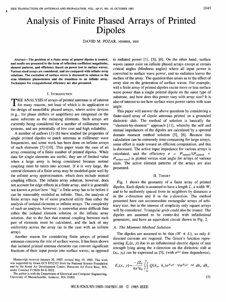 Analysis of Finite Phased Arrays of Printed Dipoles | PDF | Antenna ...