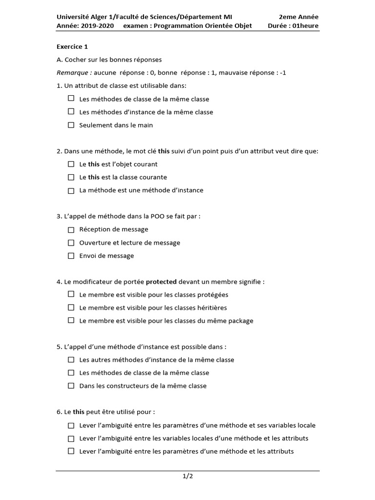 Examen POO 2019-2020 Université Alger 1 | PDF | Programmation ...