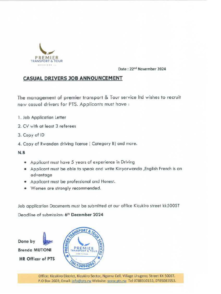 Casual Drivers Job Announcement | PDF