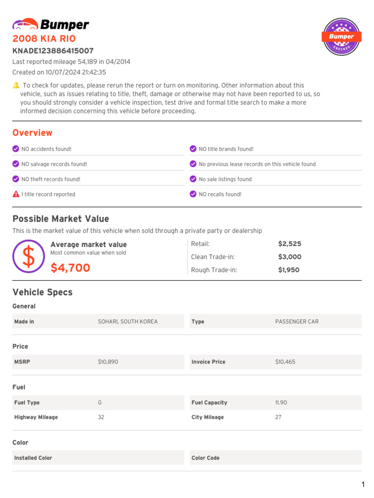 Bumper Report Kia Rio 2008 Knade123886415007 | PDF | Insurance | Vehicles