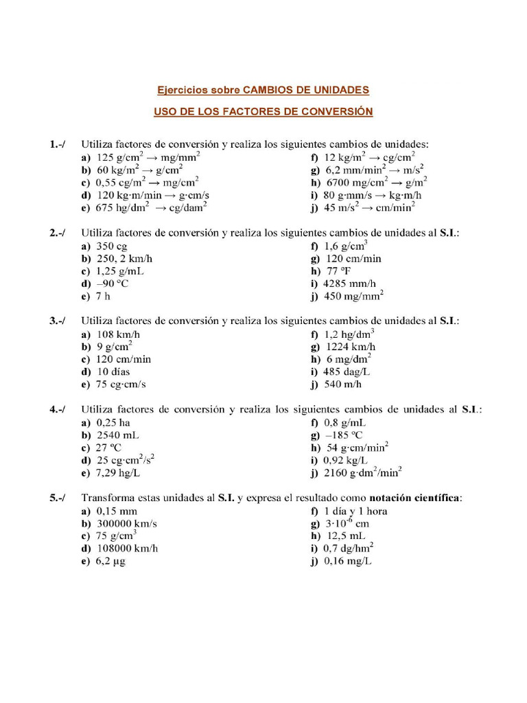 Ejercicios de Factores de Conversión | PDF