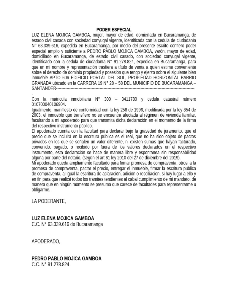 PODER ESPECIAL Compraventa Predio Fastidioso | PDF