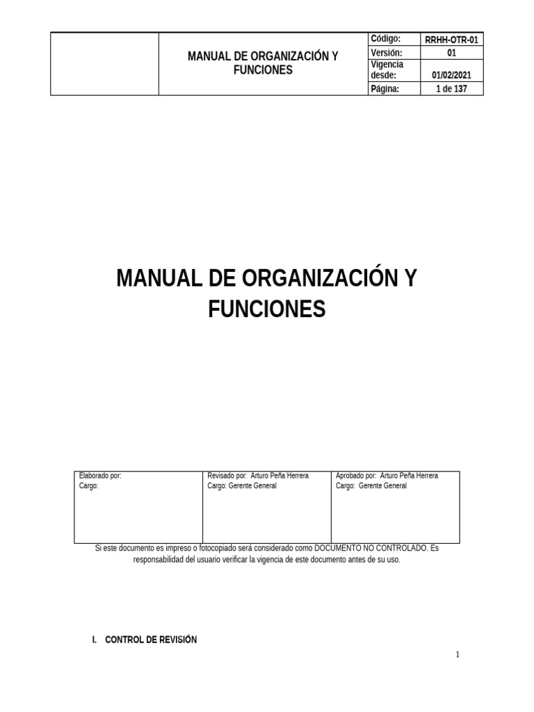 Rrhh-Otr-01 Manual de Organizacion y Funciones Modelo | PDF | Contabilidad | Business