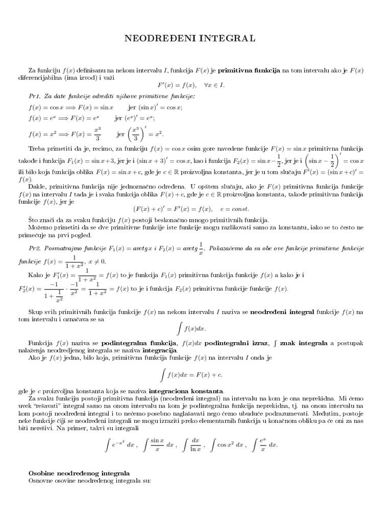 Neodredjeni Integrali | PDF