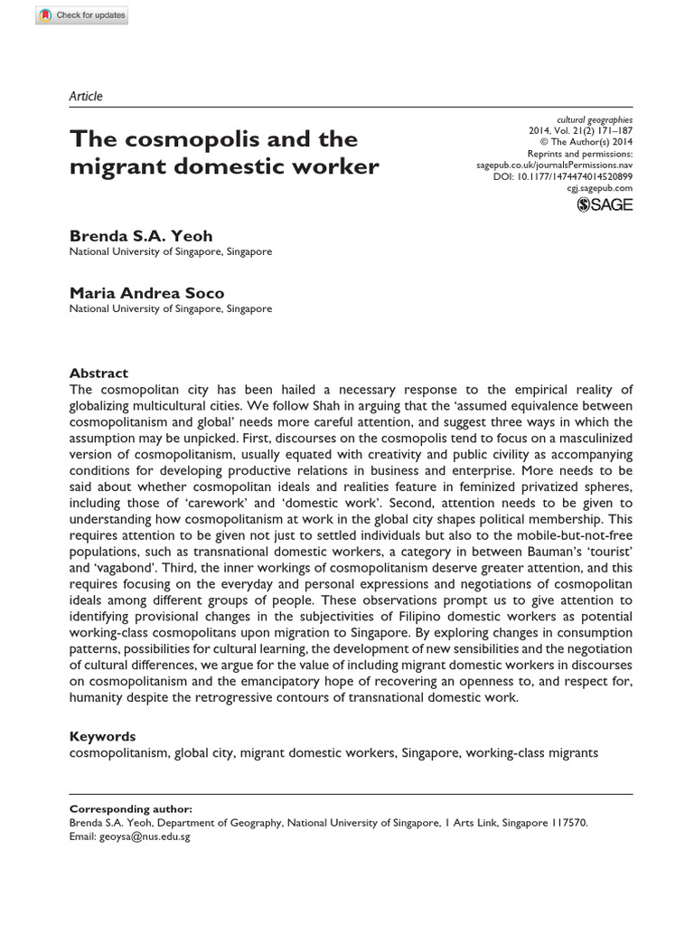 Yeoh-The Cosmopolis and The Migrant Domestic Worker | PDF | Cosmopolitanism | Domestic Worker