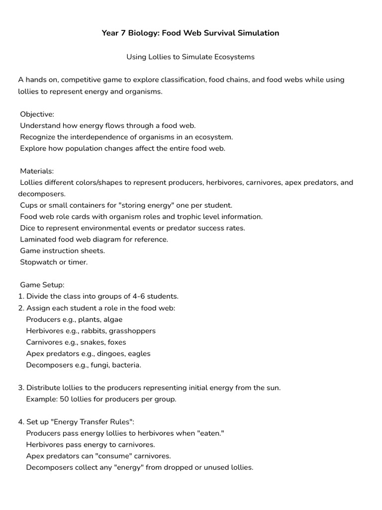 Year 7 Biology - Food Web Survival Simulation | PDF | Food Web | Predation