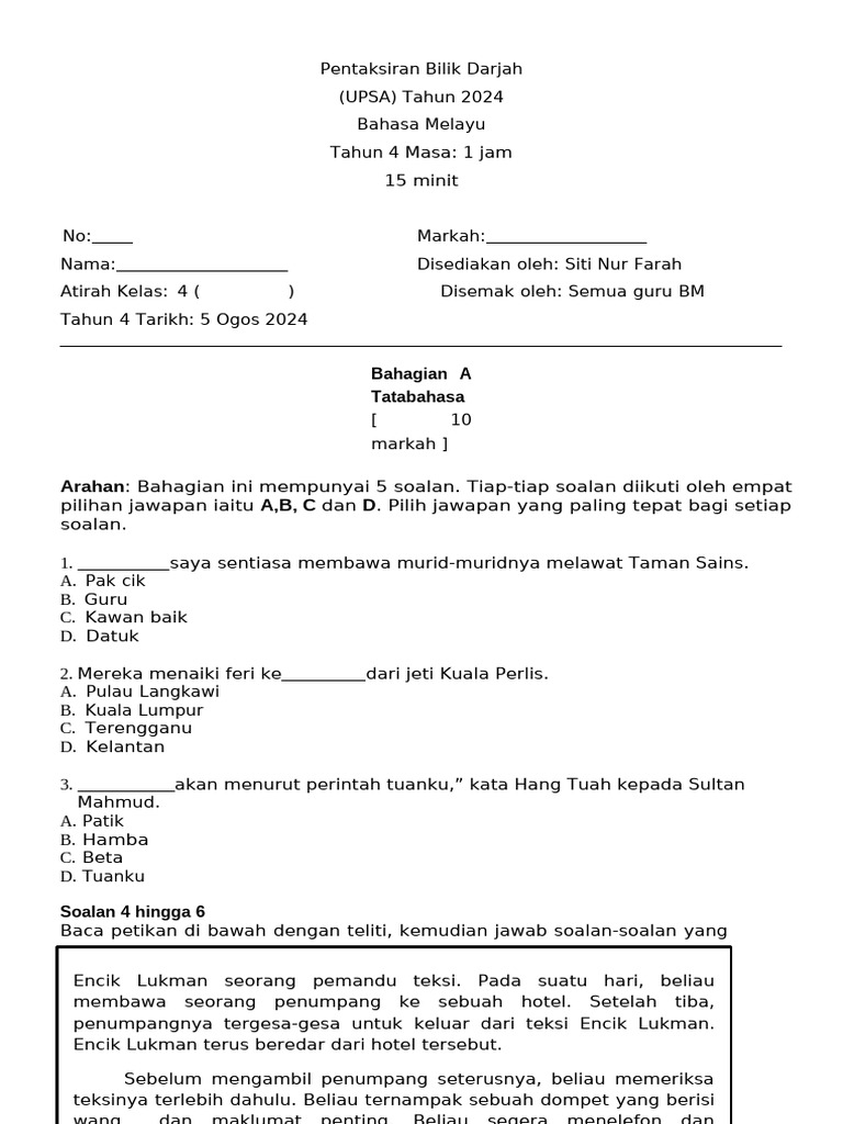 Upsa BM 2024 Tahun 4 | PDF