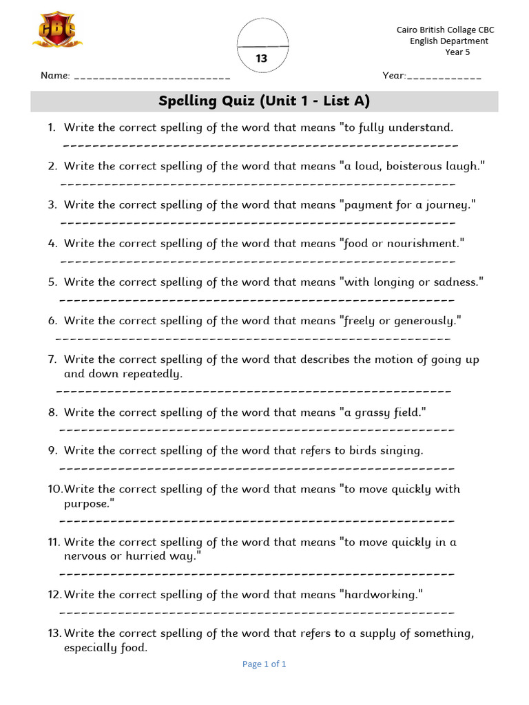 Spelling Quiz (Unit 1 - List A) | PDF