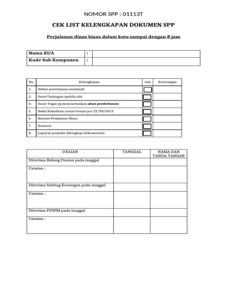 Cek List Dokumen SPP Perjalanan Dinas | PDF