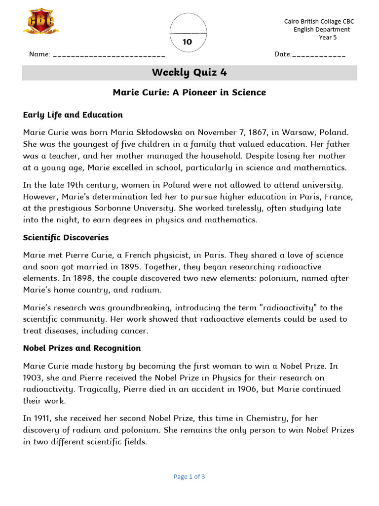 Weekly Quiz 4: Marie Curie: A Pioneer in Science | PDF | Marie Curie
