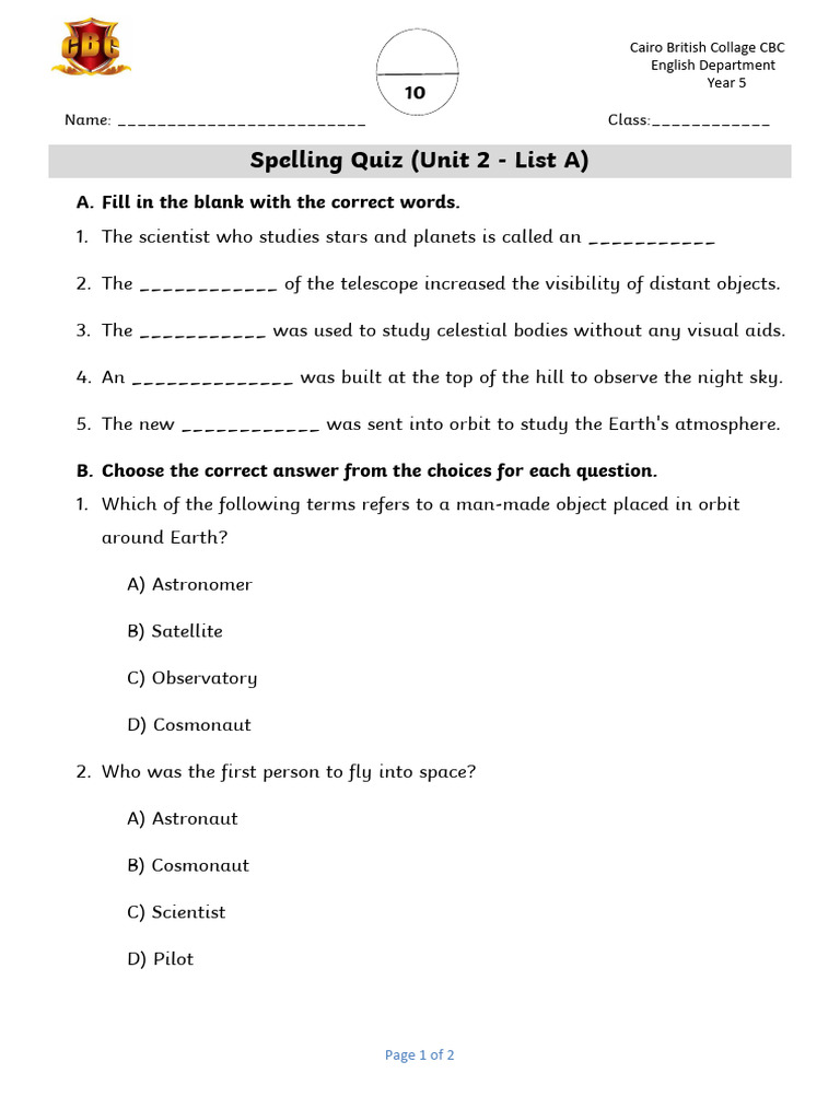 Spelling Quiz (Unit 2 - List A) | PDF